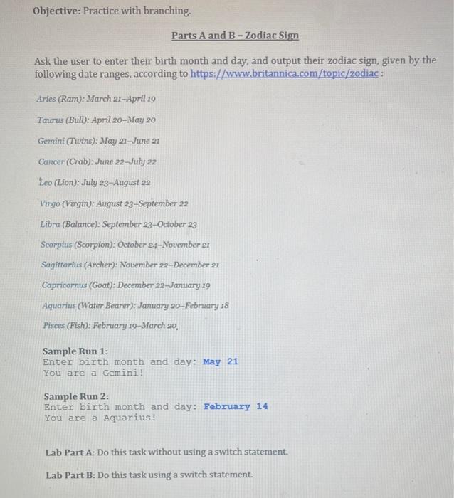 Solved Objective: Practice with branching. Parts A and B - | Chegg.com