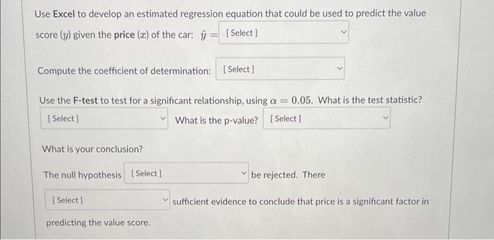 Solved Use Excel to develop an estimated regression equation | Chegg.com
