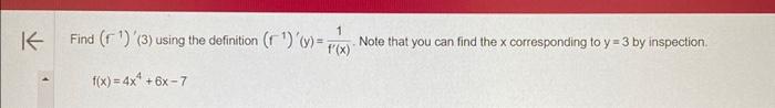 Solved Find (f 1) '(3) using the definition (f 1) '(y) = | Chegg.com