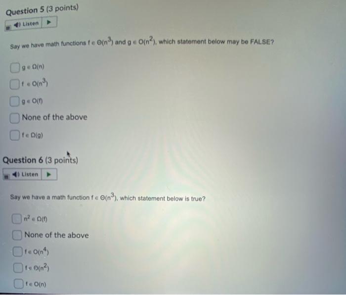 Solved Say we have math functions f∈Q(n3) and g∈O(n2), which | Chegg.com