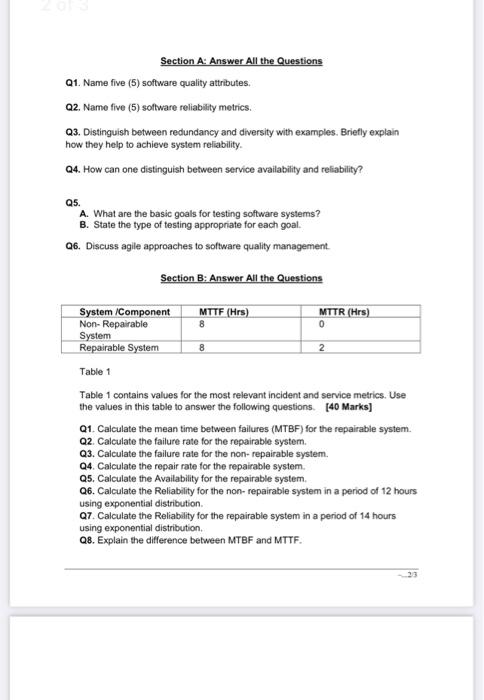 Solved Section A: Answer All the Questions Q1. Name five (5) | Chegg.com