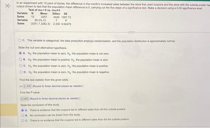 Solved In an experiment with 10 pairs of stores, the | Chegg.com