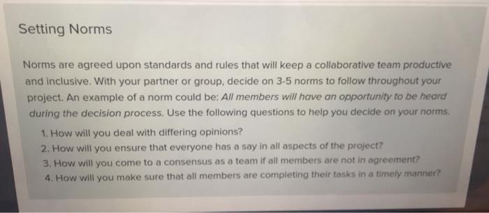 Solved Setting Norms Norms are agreed upon standards and | Chegg.com