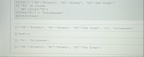 Solved ('GA": 'Atlanta", 'NY': 'Albany', 'CA':'San Diego', | Chegg.com