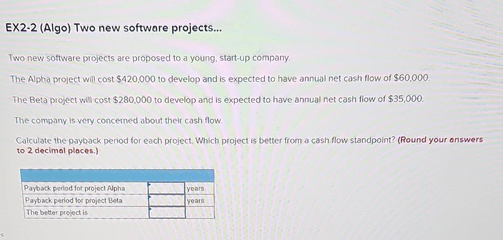 Solved EX2-2 (Algo) Two new software projects... Two new | Chegg.com
