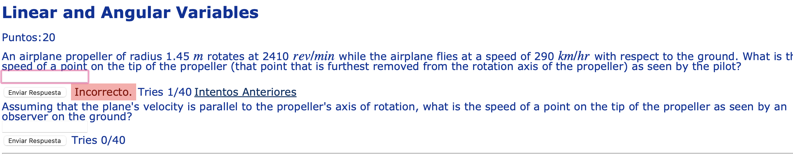 Solved Linear and Angular VariablesPuntos:20An airplane | Chegg.com