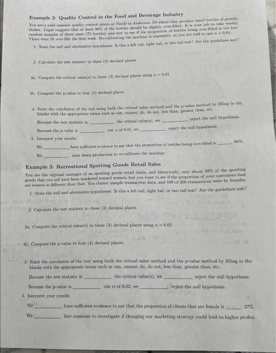 Solved Example 2: Quality Control in the Food and Beverage | Chegg.com