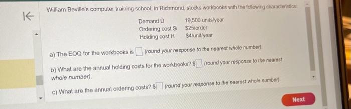 Solved William Beville's computer training school, in | Chegg.com