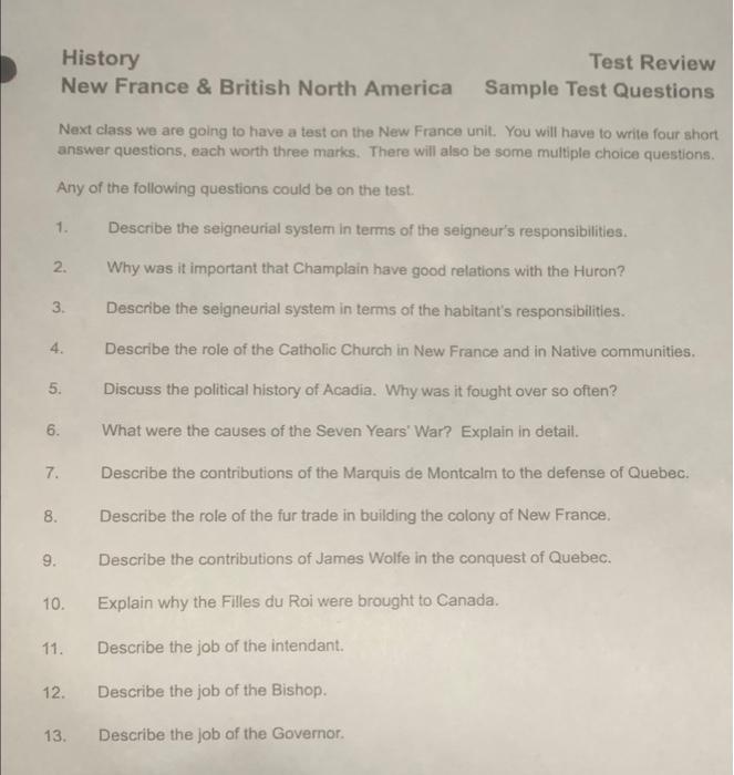 History New France & British North America Test | Chegg.com