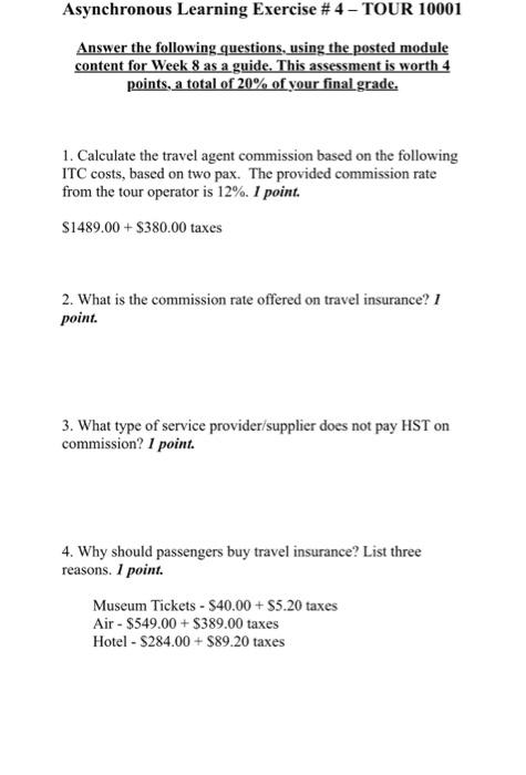 Asynchronous Learning Exercise \# 4 - TOUR 10001 | Chegg.com