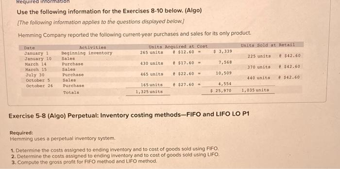 Solved Use the following information for the Exercises 8-10 | Chegg.com