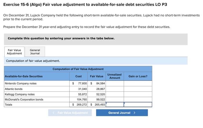 Solved Exercise 15-6 (Algo) Fair value adjustment to | Chegg.com