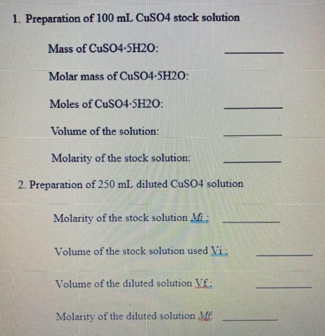 1. Preparation of 100 mL CuSO4 stock solution Mass of | Chegg.com