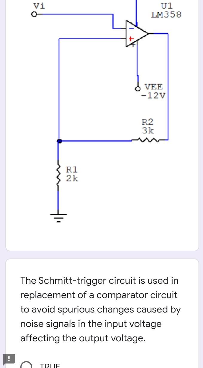 Solved Vi U1 LM358 VEE -12v R2 3k R1 2k The Schmitt-trigger | Chegg.com