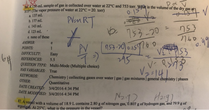 Solved PVMRT R 159-ml, sample of gas is collected over water | Chegg.com