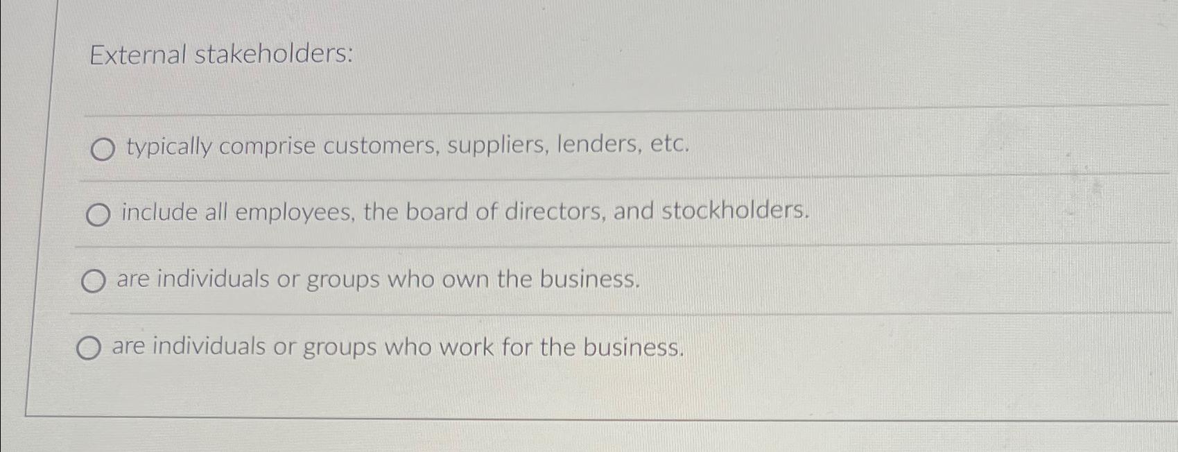 Solved External stakeholders:typically comprise customers, | Chegg.com