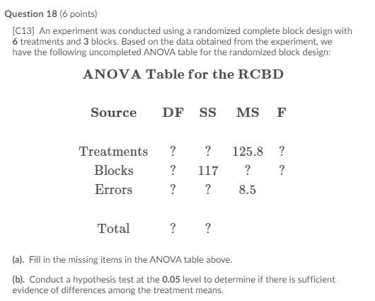 Solved Question 18 (6 points) [C13] An experiment was | Chegg.com