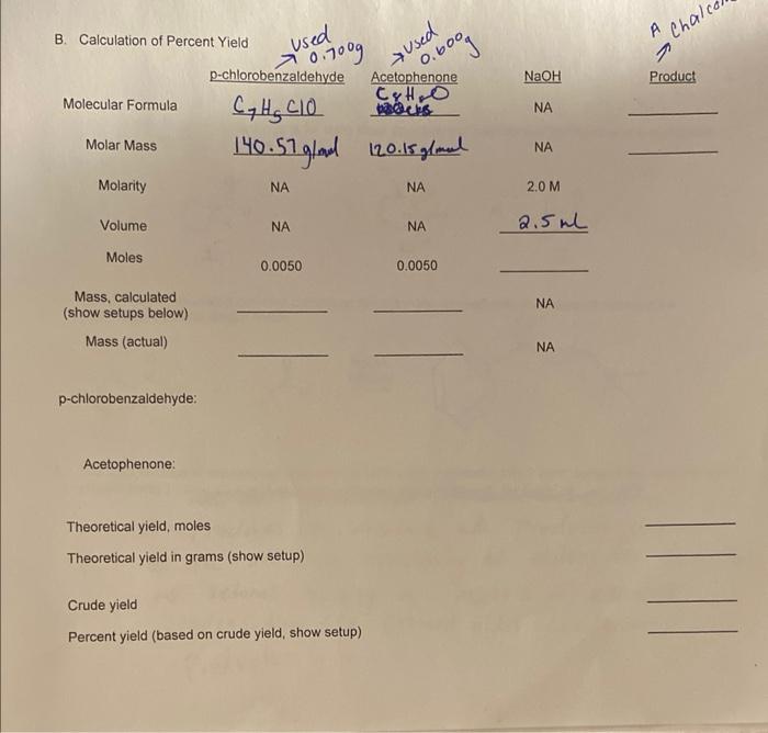 Solved B. Calculation of Percent Yield Molecular Formula | Chegg.com
