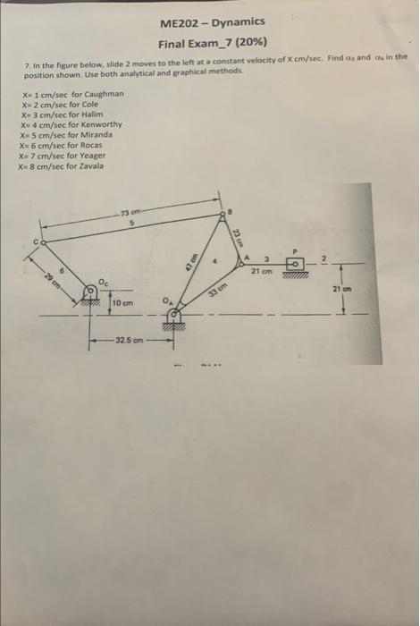 Solved ME202 - Dynamics Final Exam 7 (20%) 7. In the figure | Chegg.com