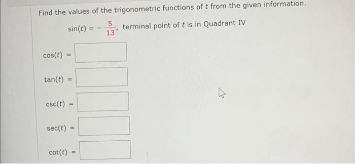 Solved Find the values of the trigonometric functions of t | Chegg.com