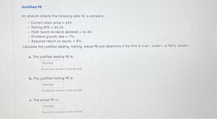 Solved Justified PE An analyst collects the following data | Chegg.com