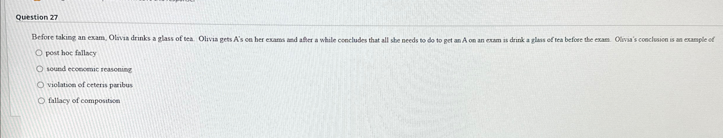 Solved Question 27post hoc fallacysound economic | Chegg.com