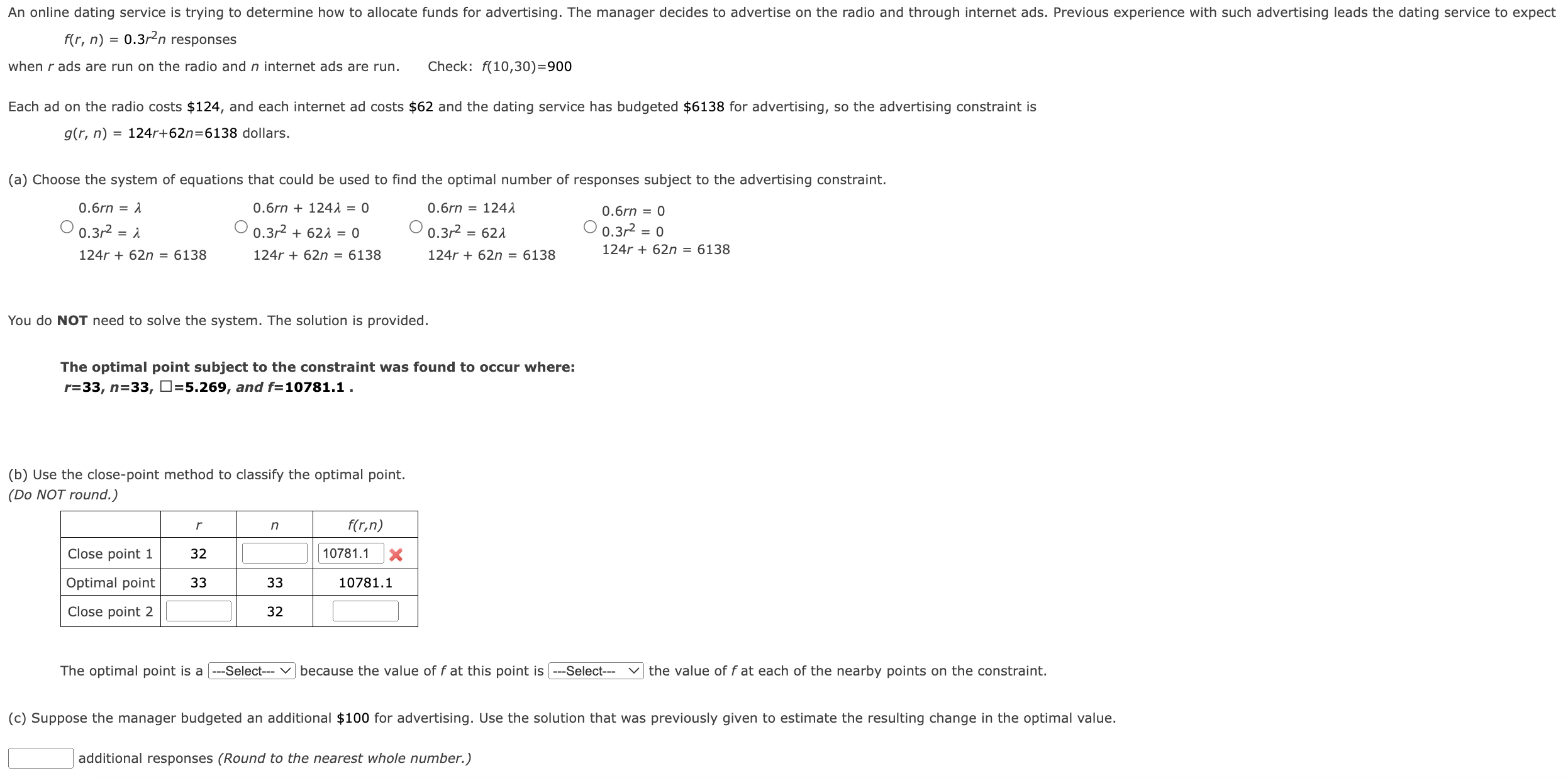 Solved f(r,n)=0.3r2n ﻿responses when r ﻿ads are run on the | Chegg.com