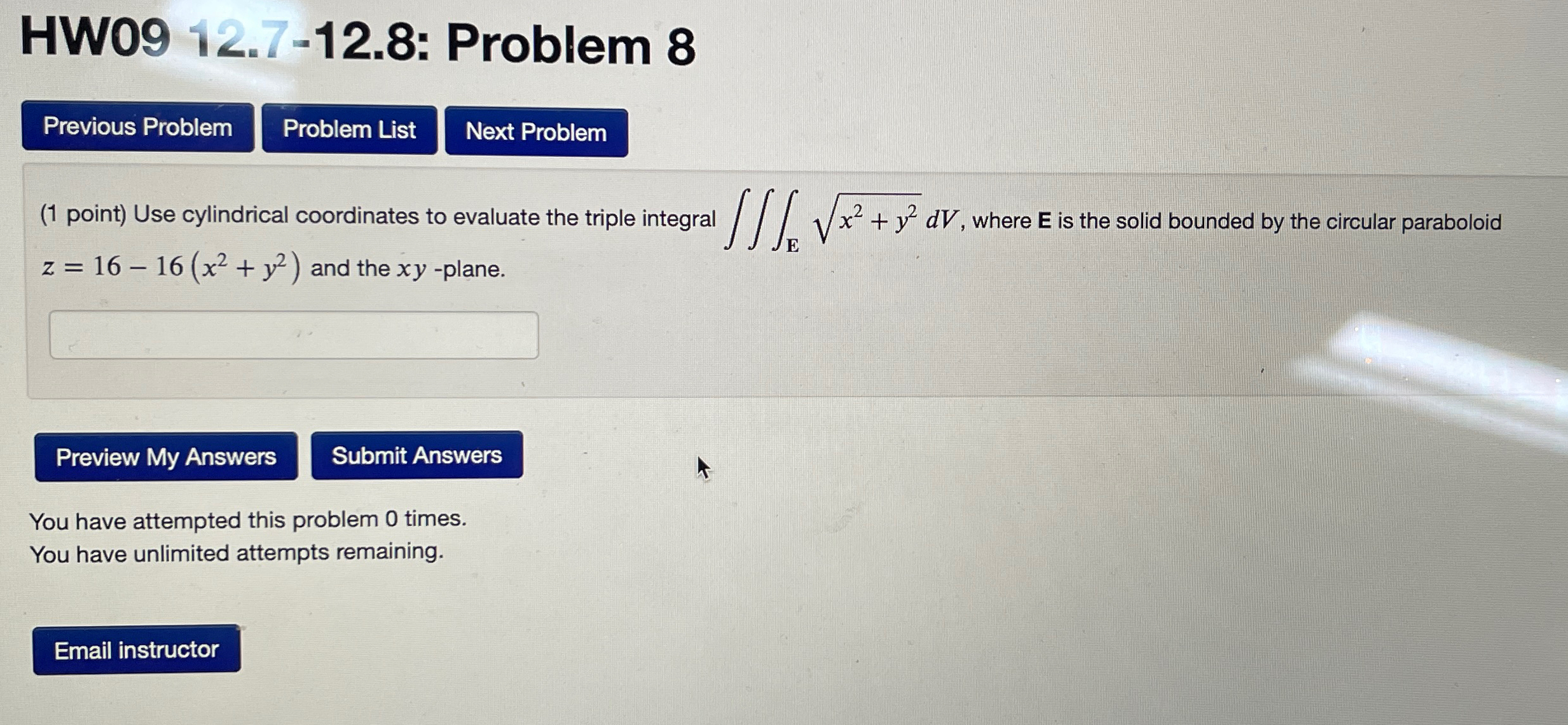Solved HW09 12.7-12.8: Problem 8(1 ﻿point) ﻿Use cylindrical | Chegg.com