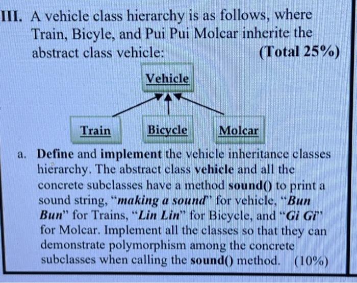 Solved III. A vehicle class hierarchy is as follows, where | Chegg.com