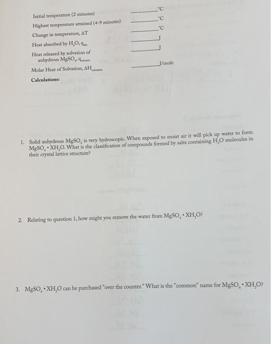 Solved B C. DETERMINATION OF MOLAR HEAT OF SOLVATION Mass of | Chegg.com