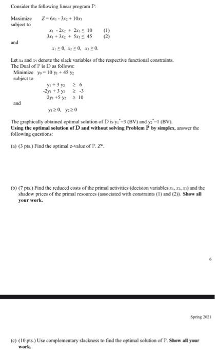 Consider the following linear program P: Maximize | Chegg.com