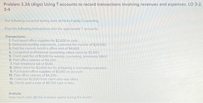 Solved Problem 3.3A (Algo) Using T accounts to record | Chegg.com