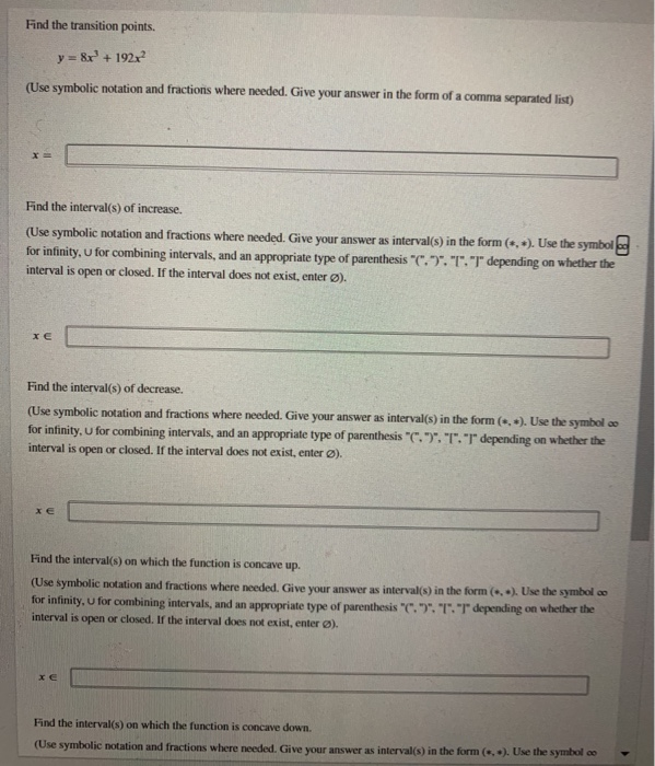 Solved Find the transition points. y = 8x + 192x (Use | Chegg.com