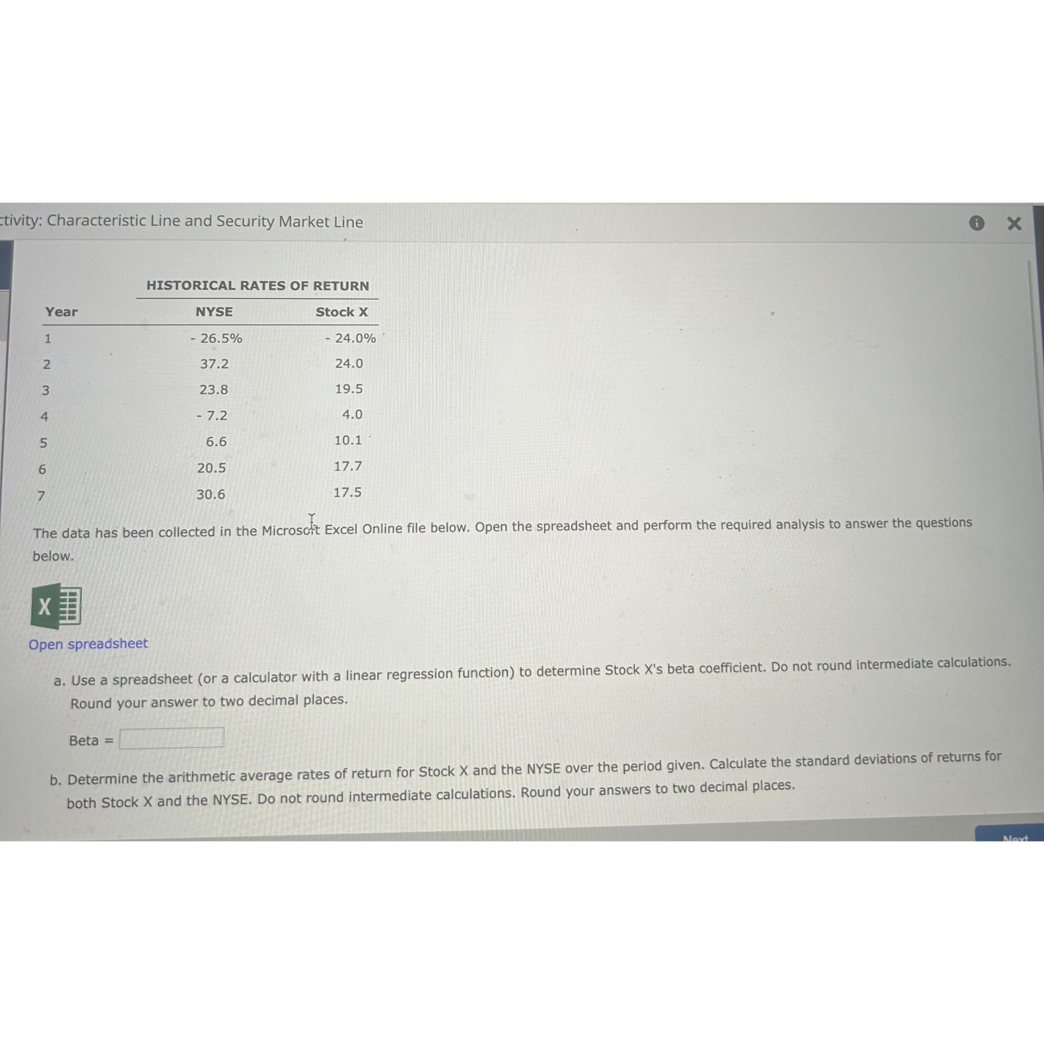 Solved tivity: Characteristic Line and Security Market | Chegg.com