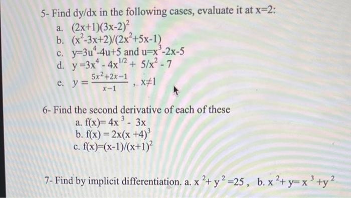 Solved 1. Find dy/dx in the following cases, evaluate it at | Chegg.com