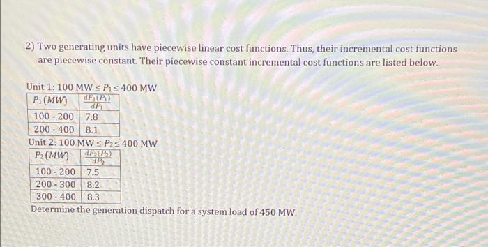 Solved 2) Two generating units have piecewise linear cost | Chegg.com