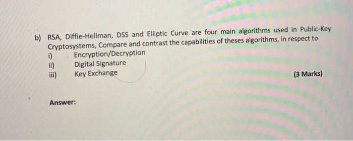Solved b) RSA, Diffie-Hellman, DSS and Elliptic Curve are | Chegg.com
