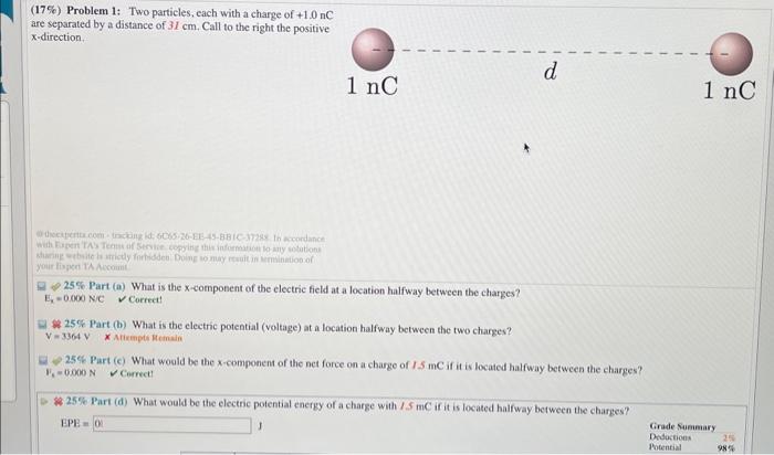 Solved (17\%) Problem 1: Two particles, each with a charge | Chegg.com