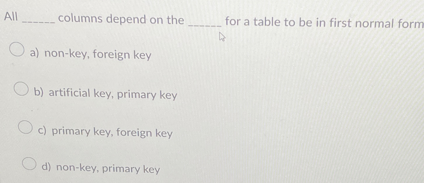 Solved All columns depend on the for a table to be in first | Chegg.com