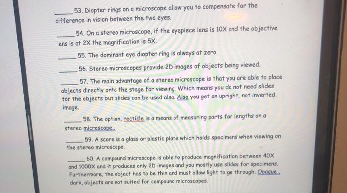 Solved 53. Diopter rings on a microscope allow you to | Chegg.com