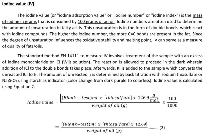 Solved The iodine value (or "iodine adsorption value" or | Chegg.com