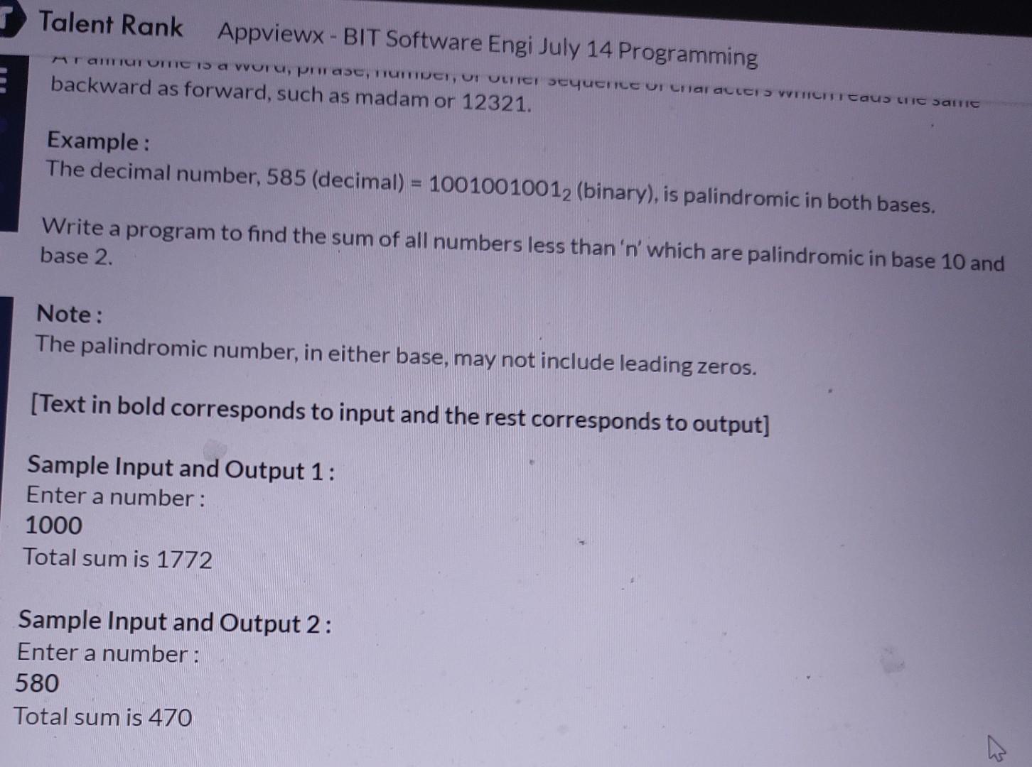 Double base Palindrome as the name suggest, is a | Chegg.com