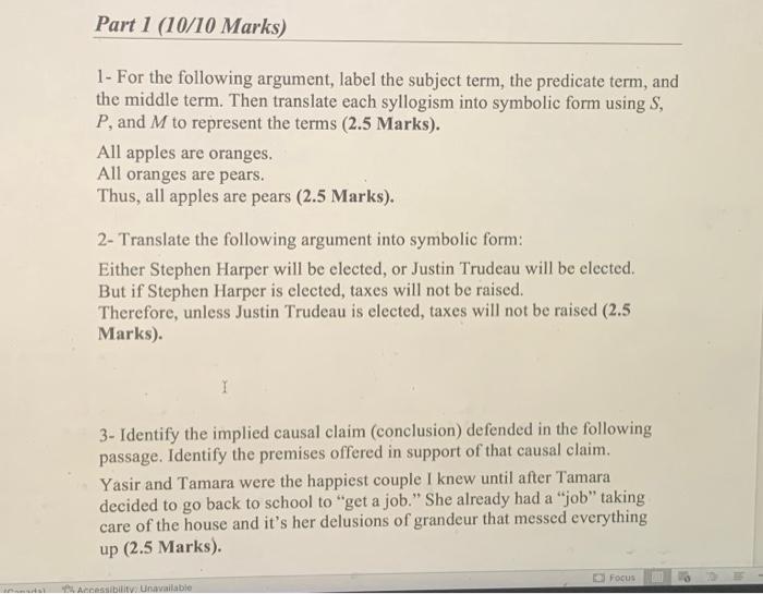 1- For the following argument, label the subject | Chegg.com