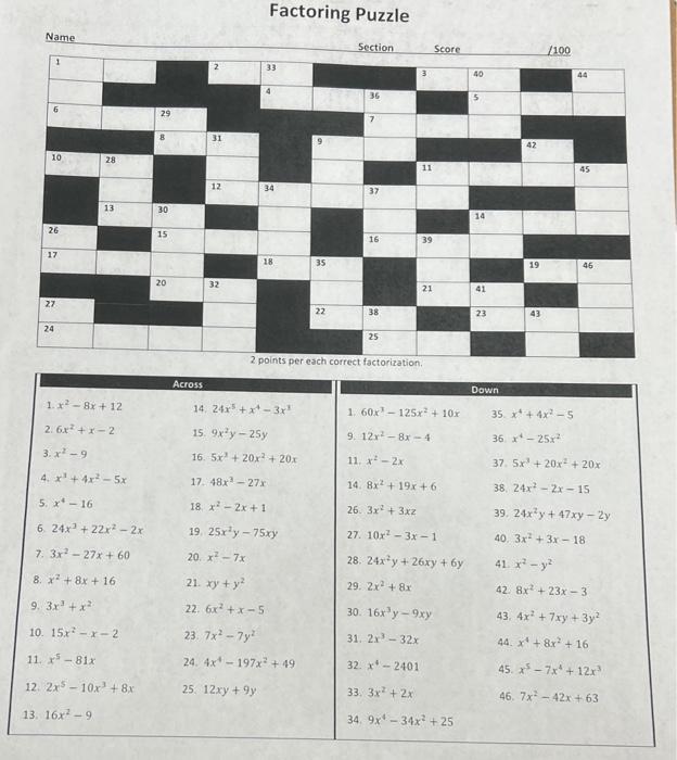 Solved Factoring Puzzle Factoring Puzzle Nama | Chegg.com