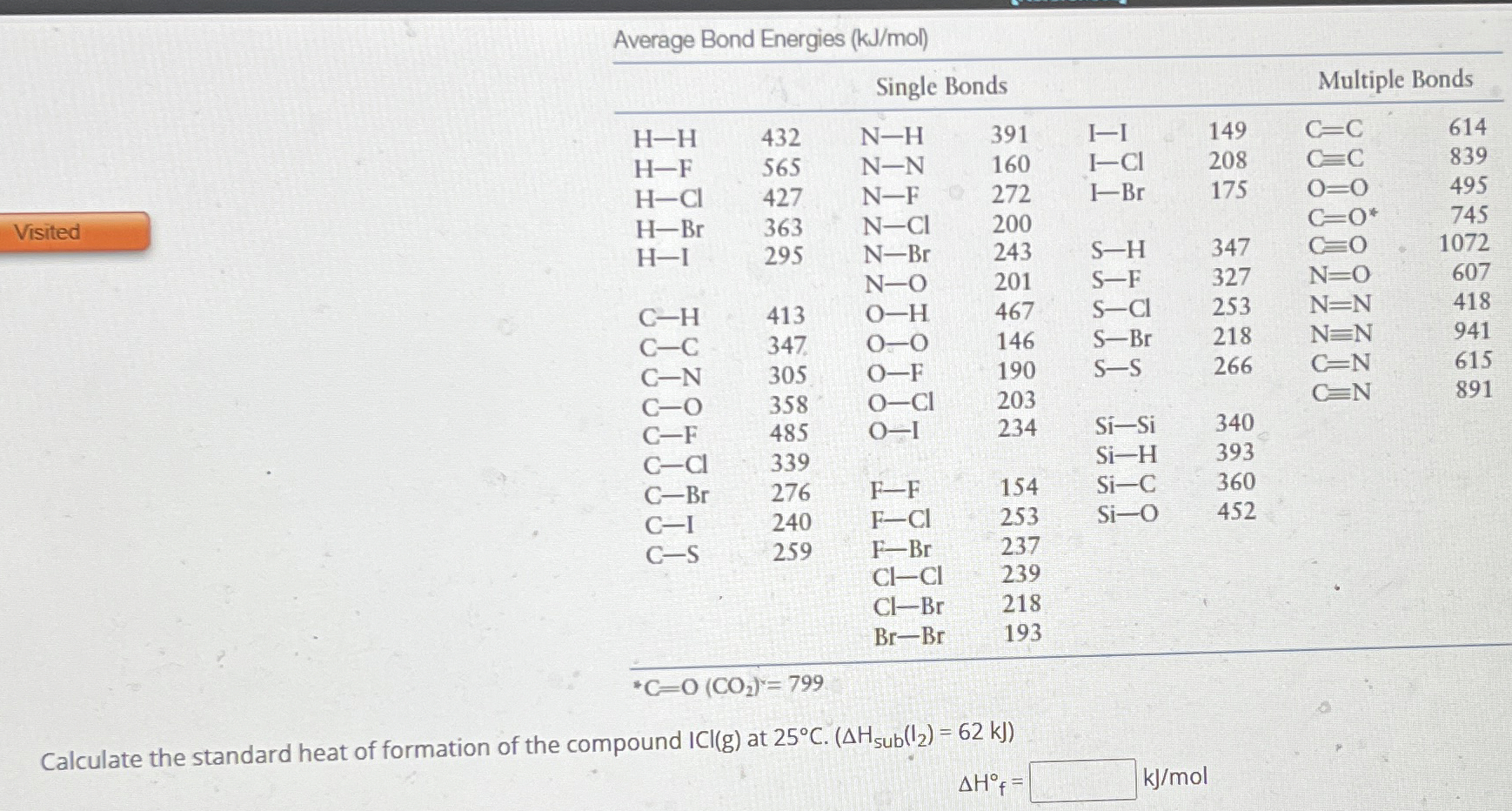 Solved Average Bond Energies ( kJmol )\table[[,Single | Chegg.com