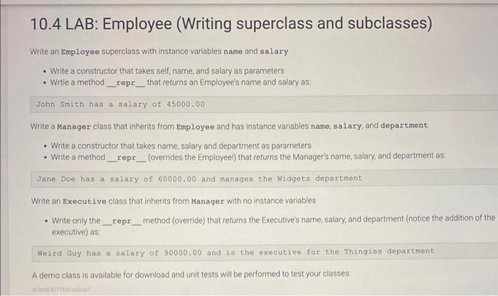 Solved 10.4 LAB: Employee (Writing superclass and | Chegg.com