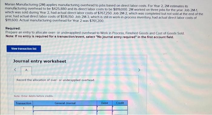 Solved Marian Manufacturing ( 2M ) applies manufacturing | Chegg.com