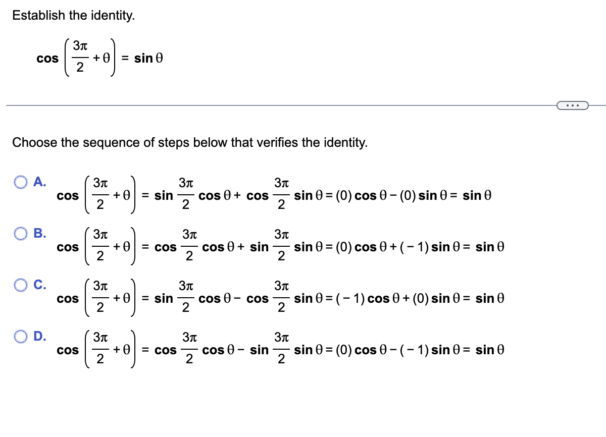 Establish the identity.cos(3π2+θ)=sinθChoose the | Chegg.com