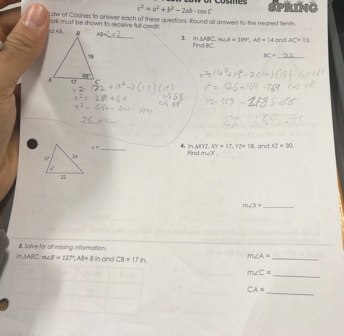 Solved c2=a2+b2−2ab⋅cosC Law of Cosines to answer each of | Chegg.com