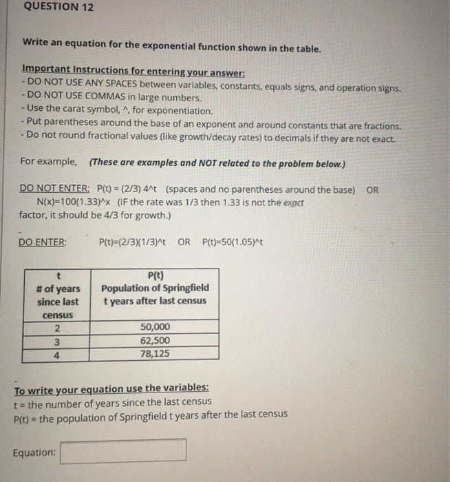 Solved QUESTION 12 Write an equation for the exponential | Chegg.com